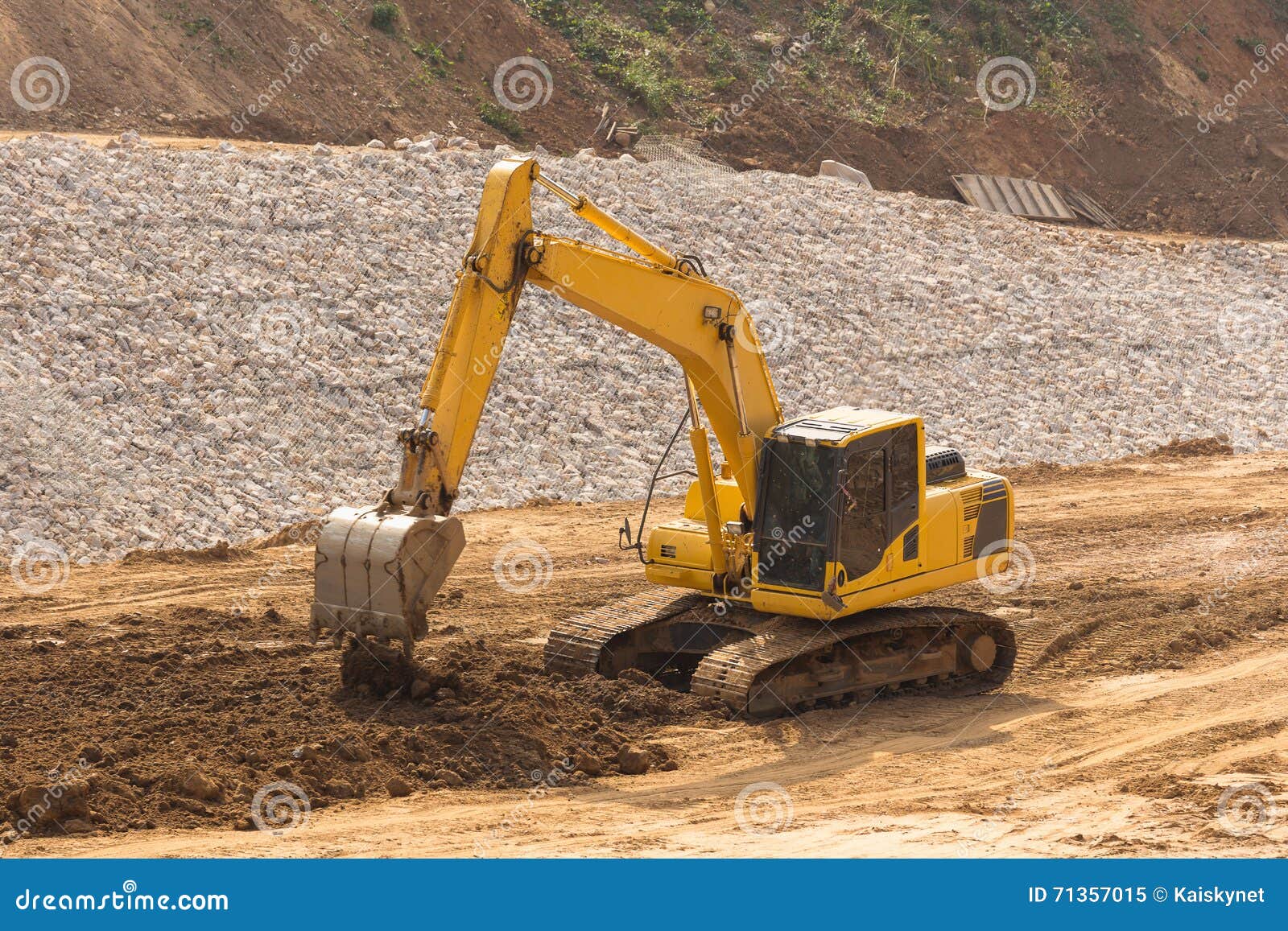 Yellow Backhoe Work in the Dam Stock Image - Image of equipment, large ...