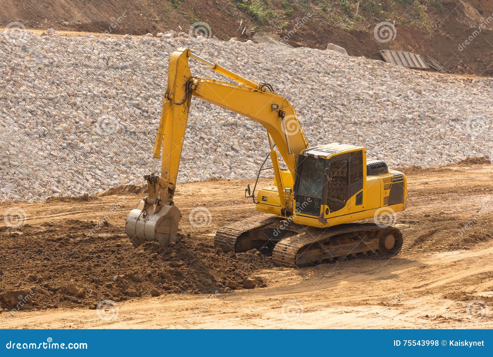 Yellow Backhoe Work in the Dam Stock Photo - Image of building, soil ...