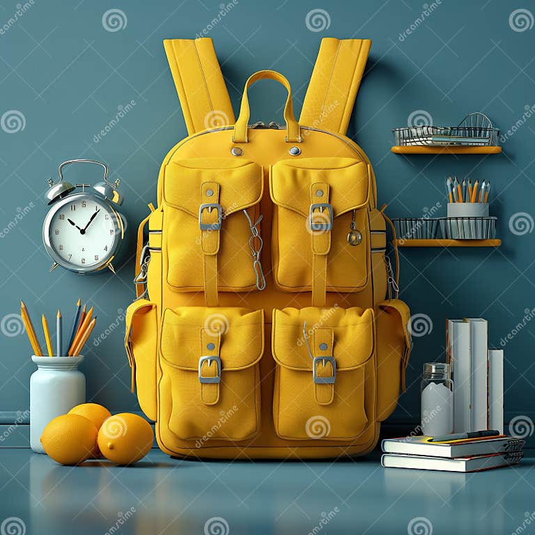 Yellow Backpack with Multiple Pockets and Supplies on a Blue Wall Stock ...