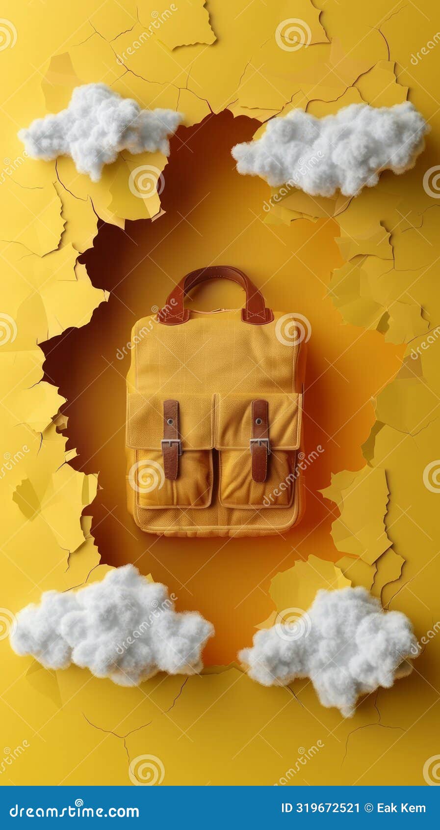Stylish Yellow Backpack Surrounded by Cloud Motifs on a Bright Yellow ...