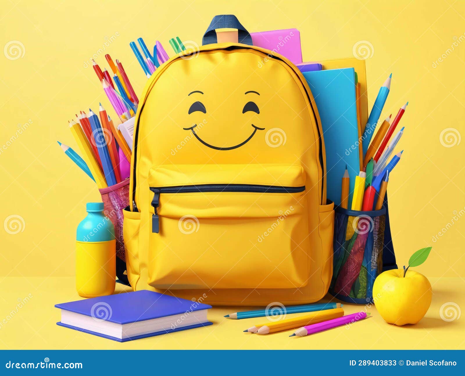 A Yellow Backpack with a Smiley Face Surrounded by School Supplies ...