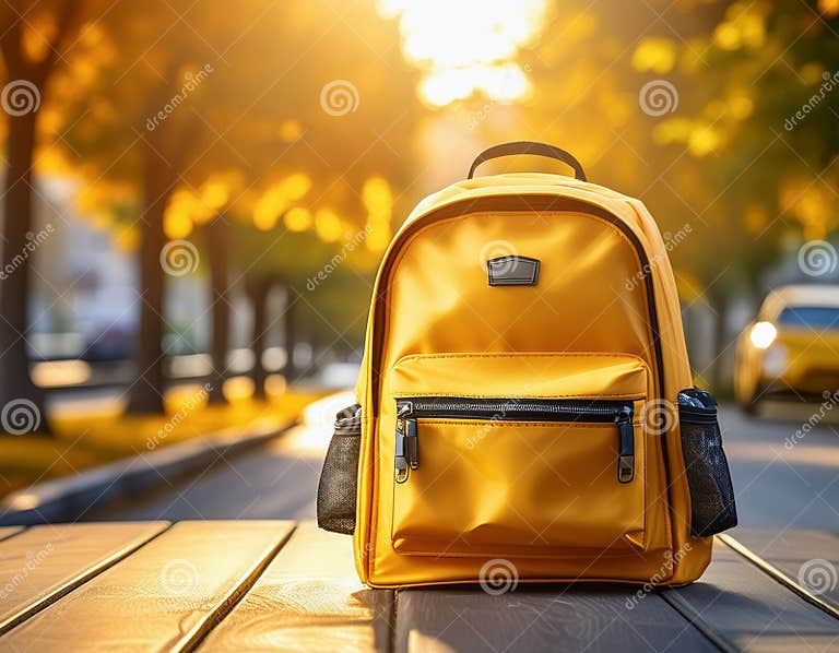 Yellow Backpack on Table Outdoors Stock Image - Image of leisure, youth ...