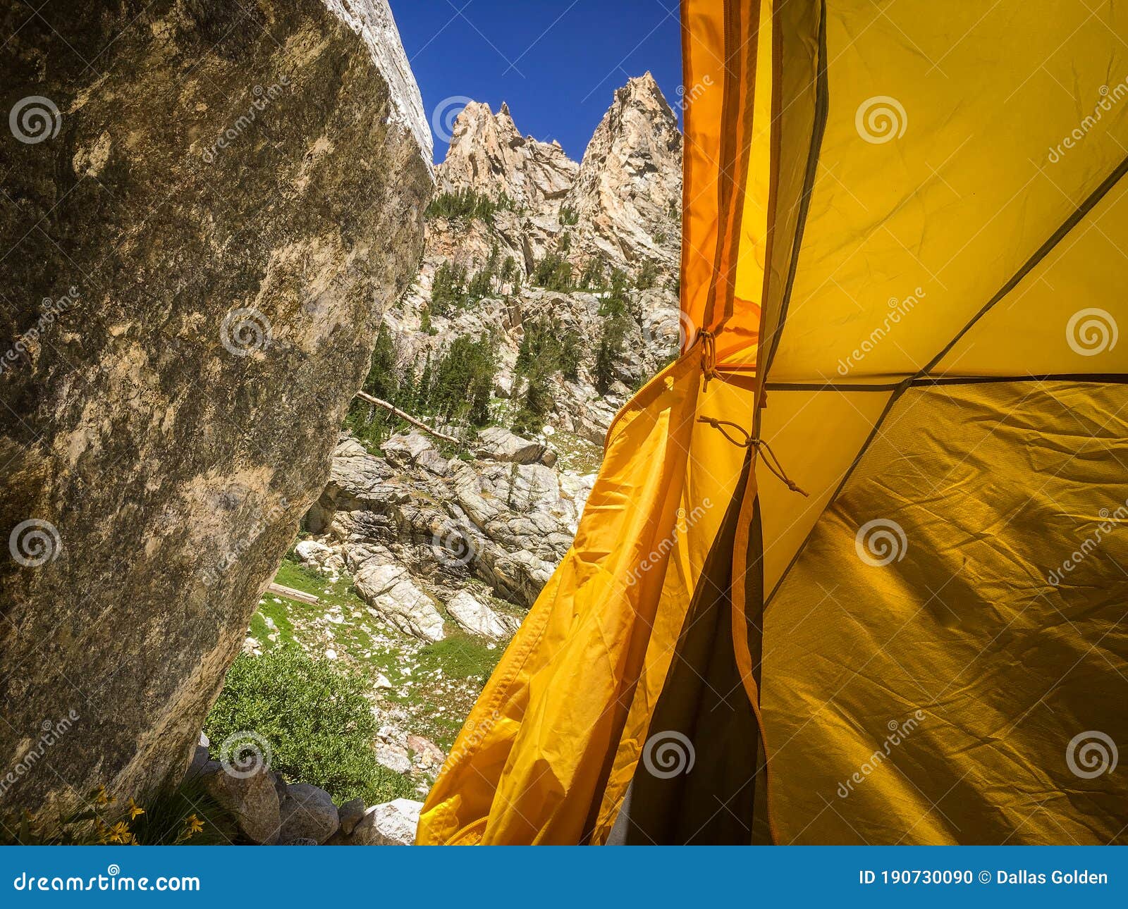 Yellow Backpacking Tent in the Mountains Stock Photo - Image of ...