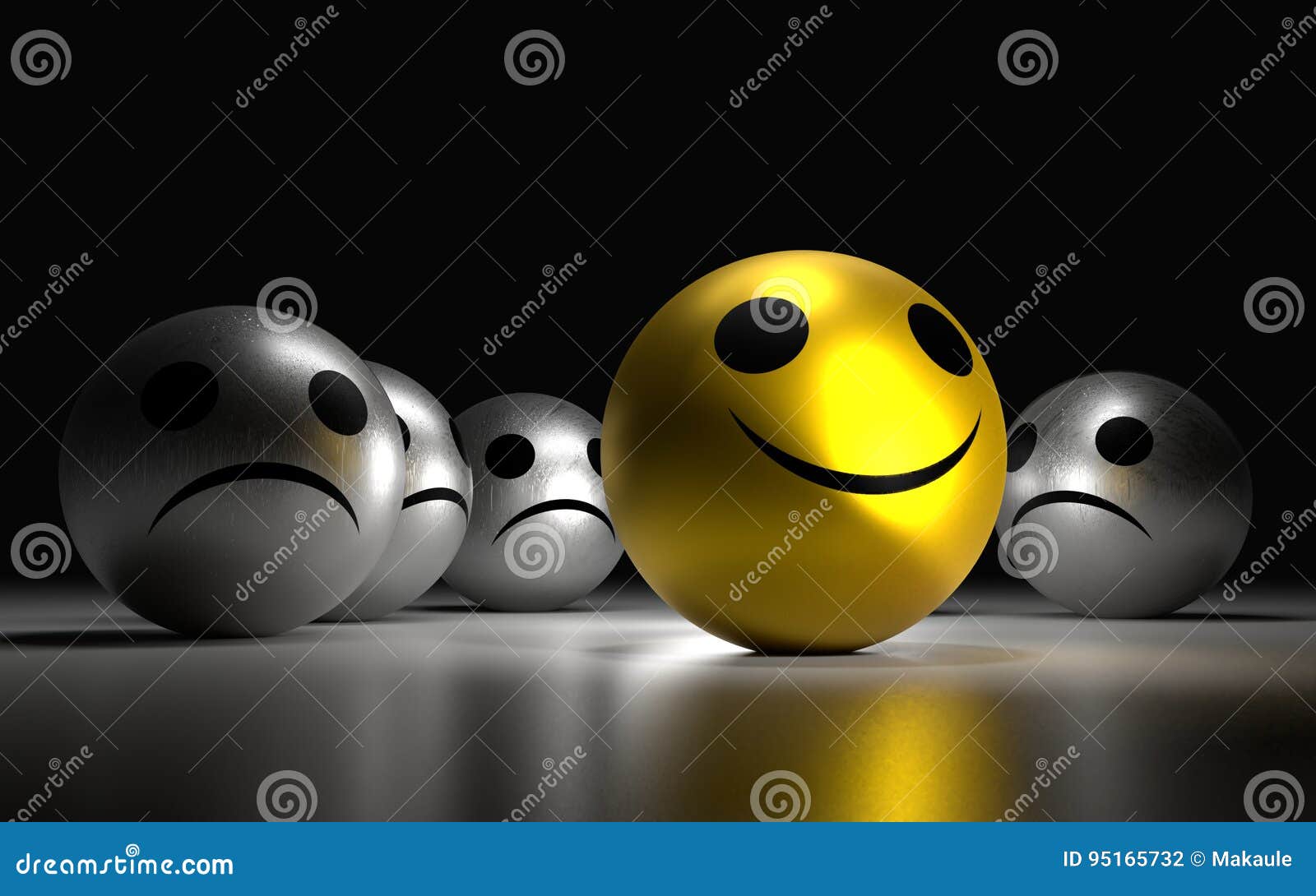 Yellow Ball with Happy Face among so Many Silver Sadness Balls. Stock ...