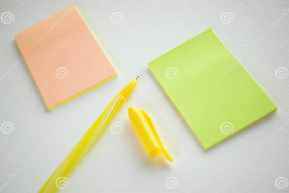 Yellow Ballpoint Pen and Notes on White Paper Stock Image - Image of ...