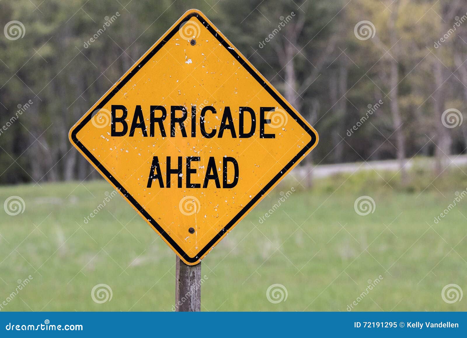 Yellow Barricade Ahead Sign Stock Image - Image of trees, obstacle ...