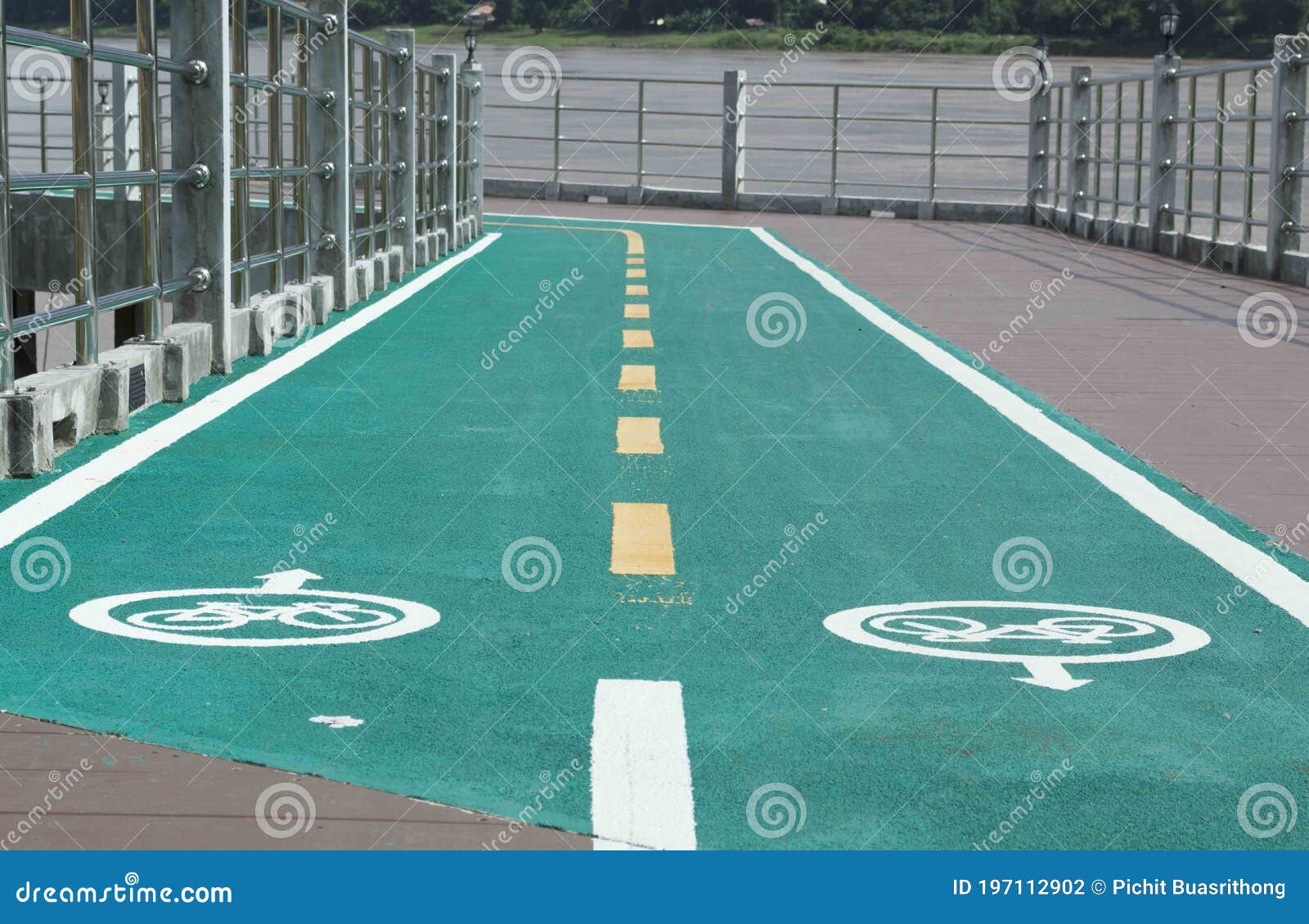 Yellow Bicycle Lane Dividing Line Stock Photo - Image of road, fence ...