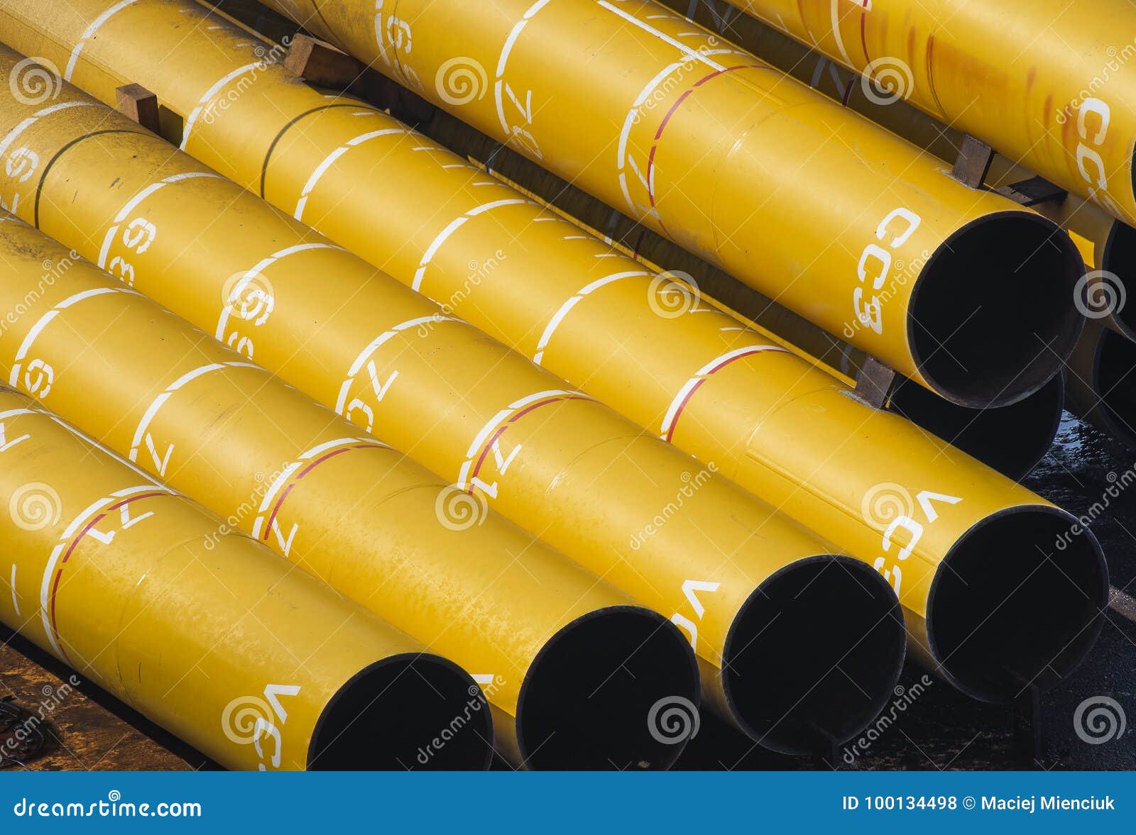 Yellow Big Huge Pipes on the Barge Offshore Stock Photo - Image of ship ...