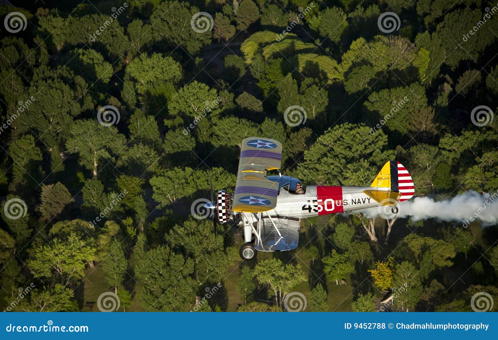 Yellow biplane over trees stock photo. Image of army, aviation - 9452788