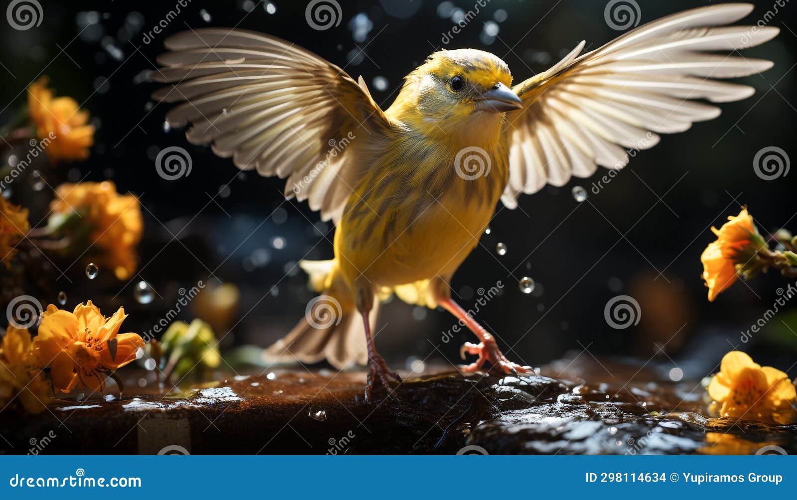 Yellow Bird Flying Over Water with Spread Wings Generated by AI Stock ...