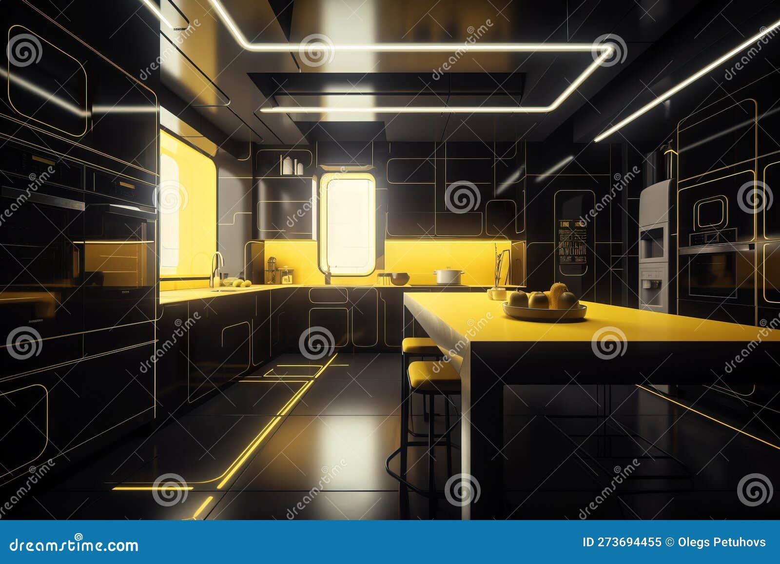 A Yellow and Black Kitchen with a Yellow Counter Top and Yellow Stools ...