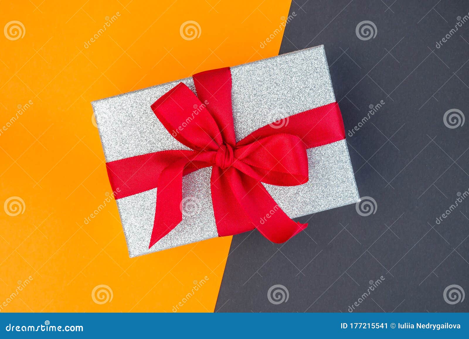 Yellow and Black Paper Texture, Silver Glitter Gift Box with Red Ribbon ...