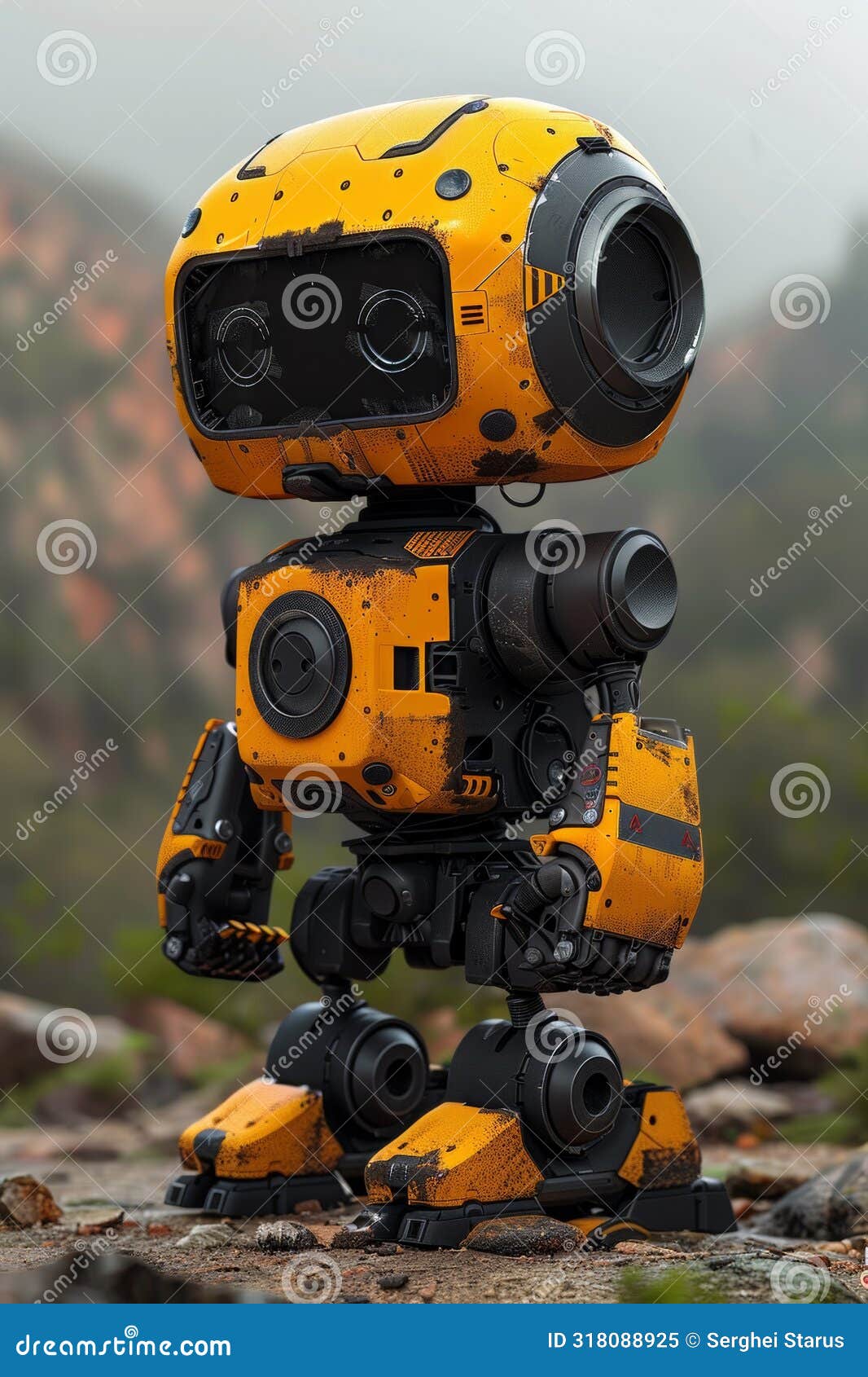 A Yellow and Black Robot Standing on a Rocky Hillside, AI Stock Image ...