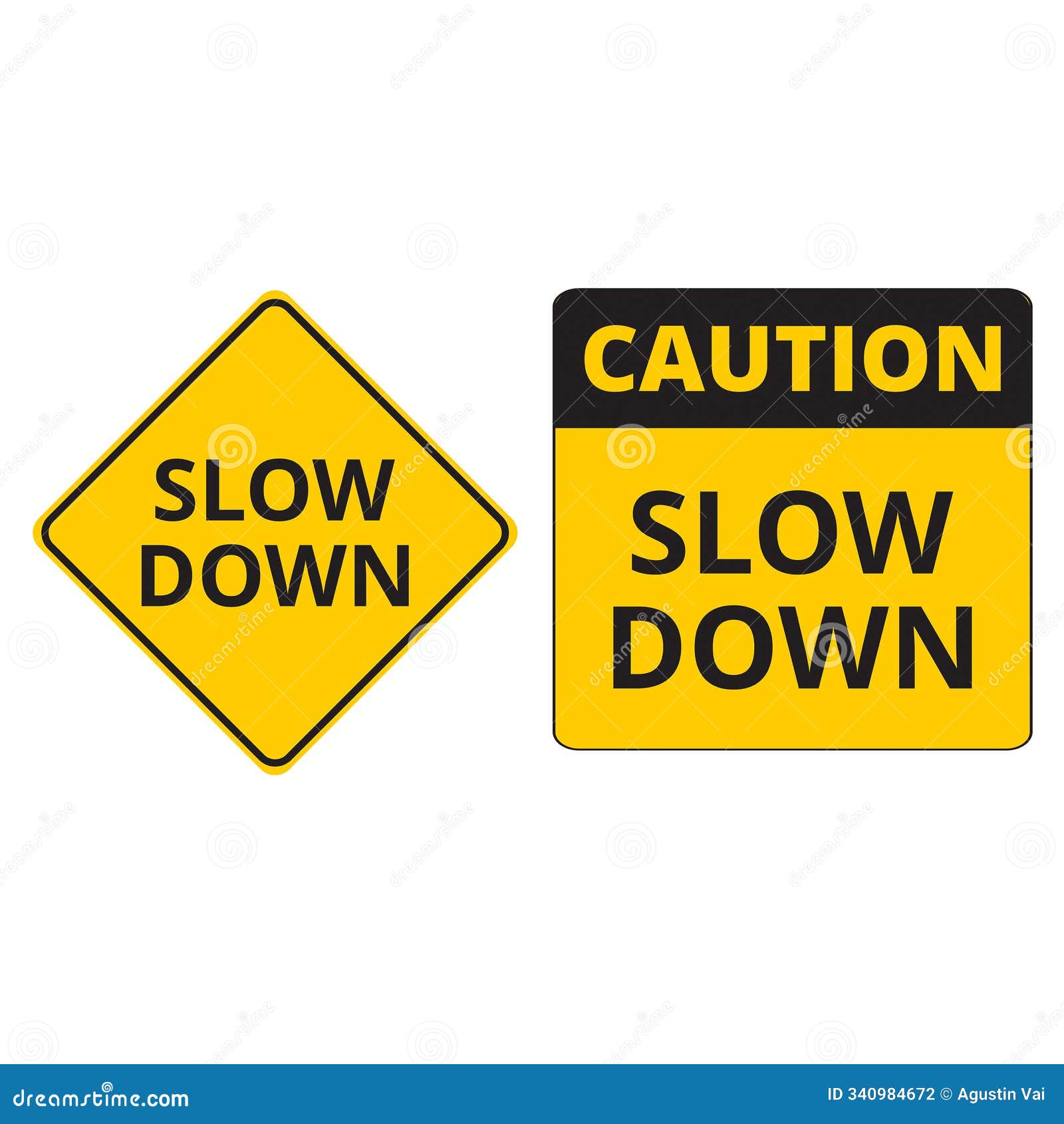Yellow and Black Slow Down Signs on a White Background Stock ...