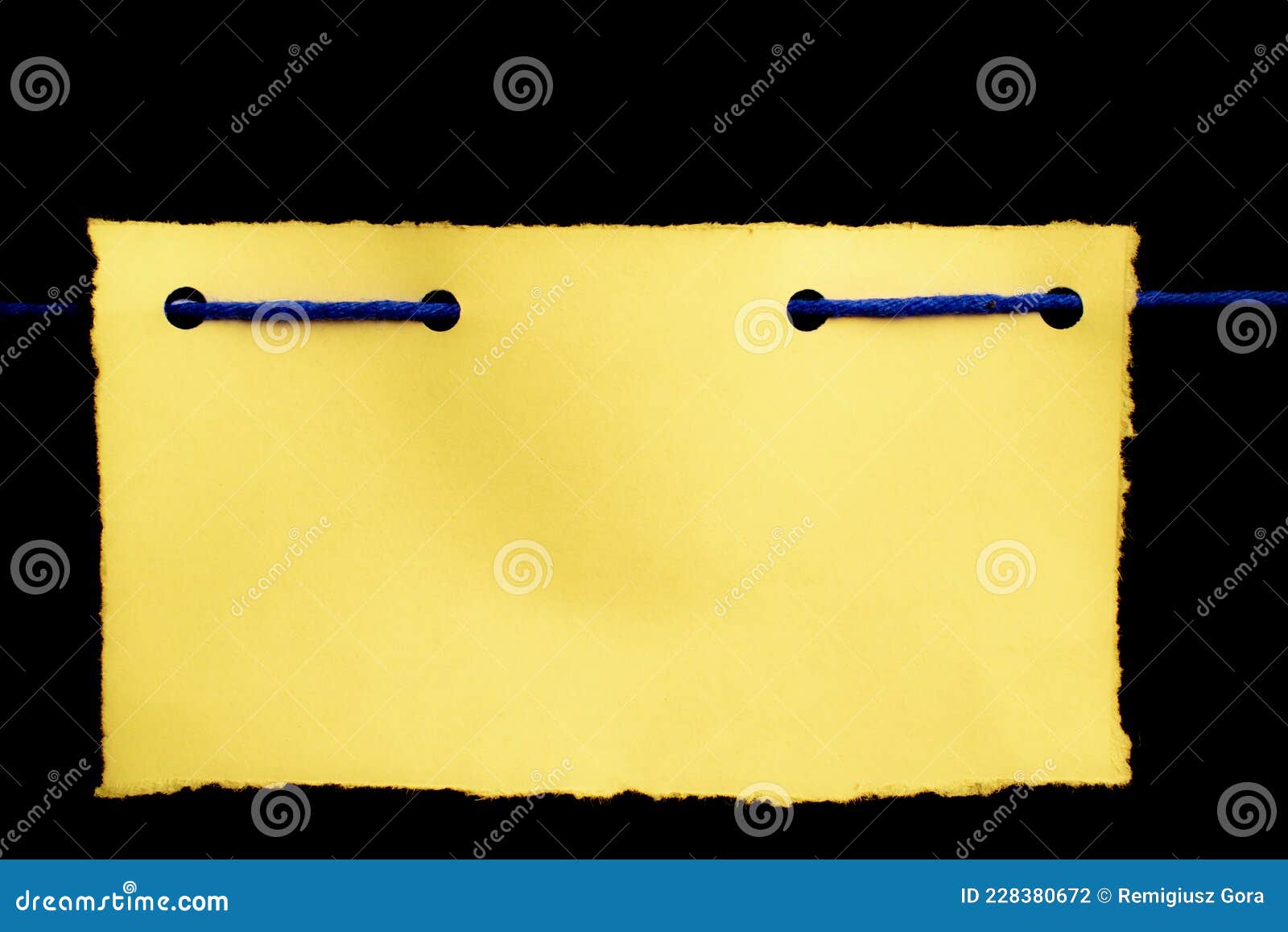 Yellow Blank Note Card with Blue String Over Black Background Stock ...