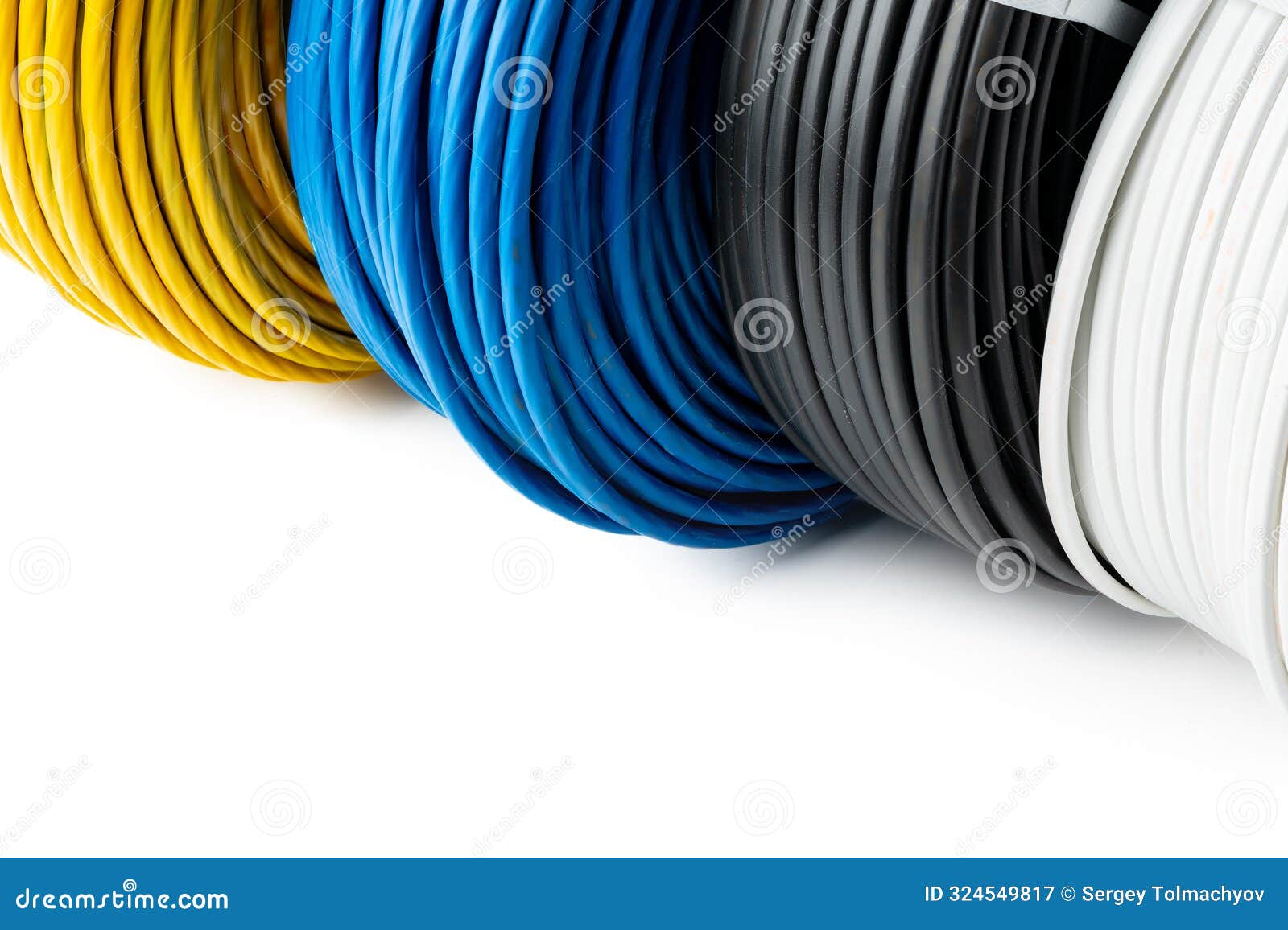 Four Spools of Electrical Wire in Yellow, Blue, Black, and White Colors ...