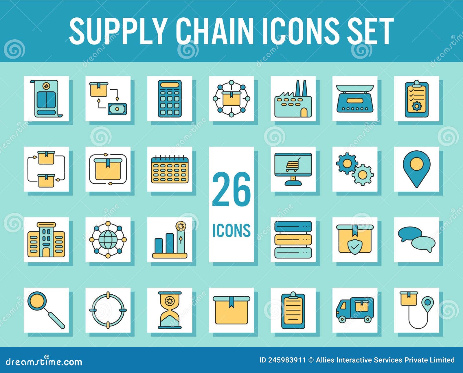 Yellow and Blue Supply Chain Icons in Flat Style Stock Illustration ...