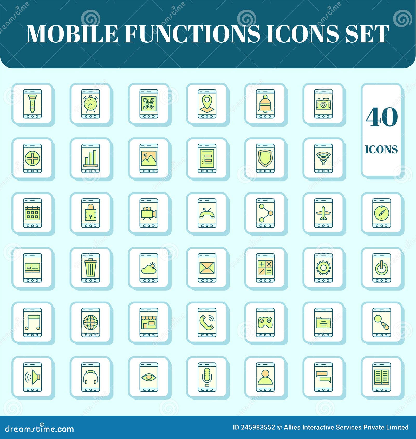Yellow and Blue Color Set Mobile Functions Icons or Symbols Stock ...