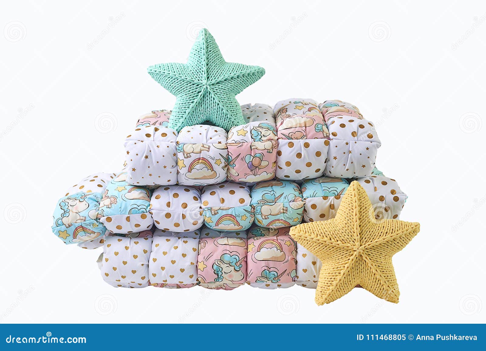 Yellow and Blue-green Knitted Five-pointed Star Shaped Pillows and Patchwork Comforter on White ...