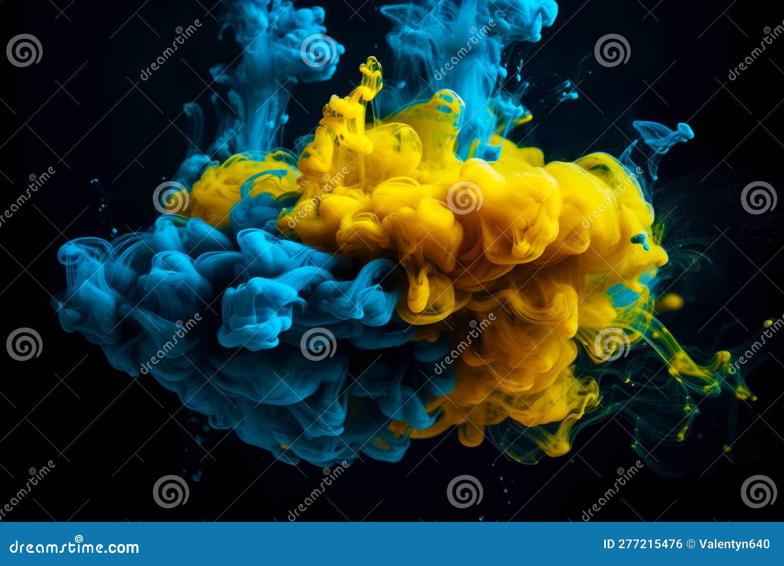 Yellow and Blue Ink in Water on Black Background with Black Background ...