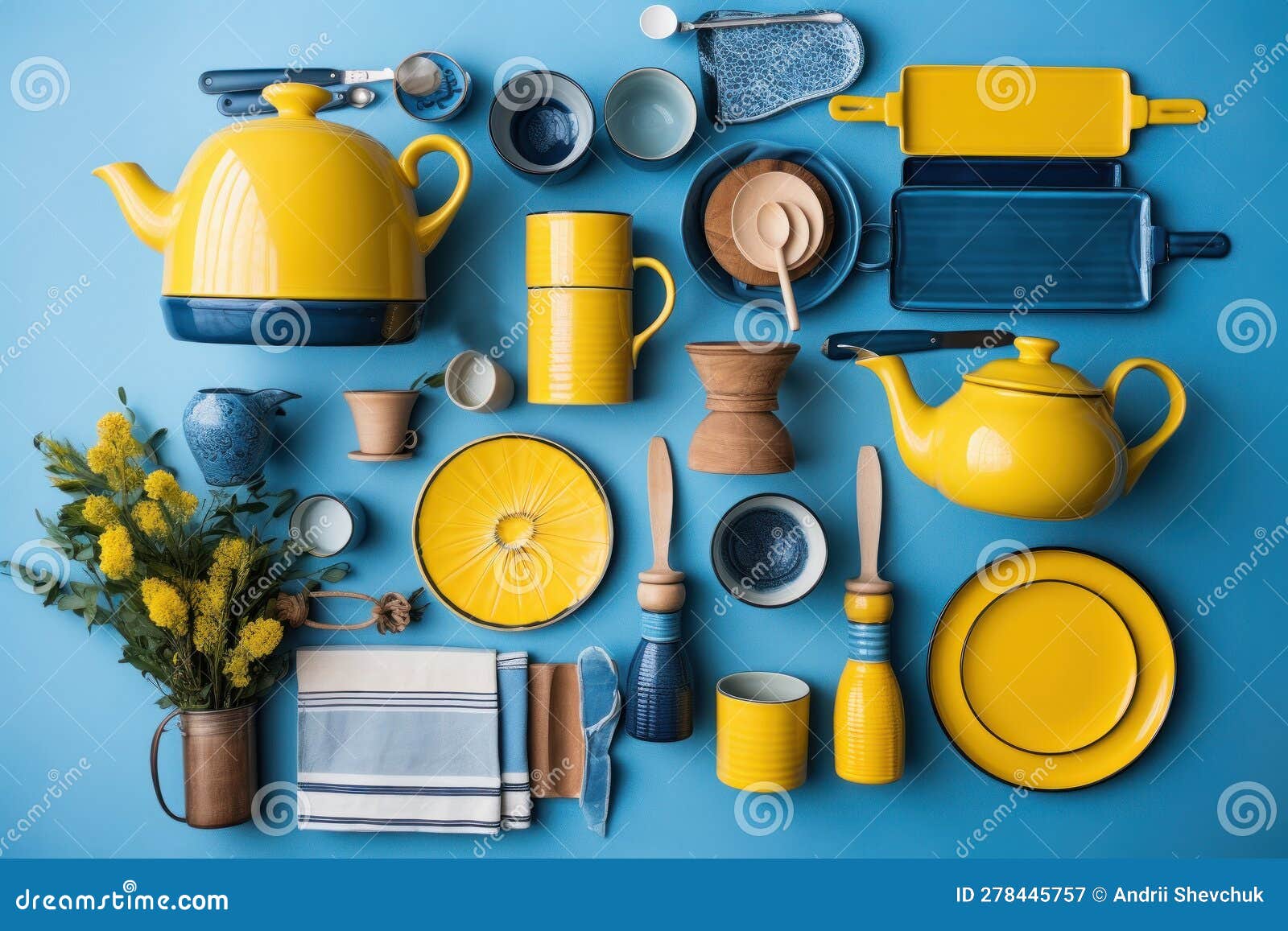 Yellow and Blue Items Background, Flat Lay. Generative AI Stock ...