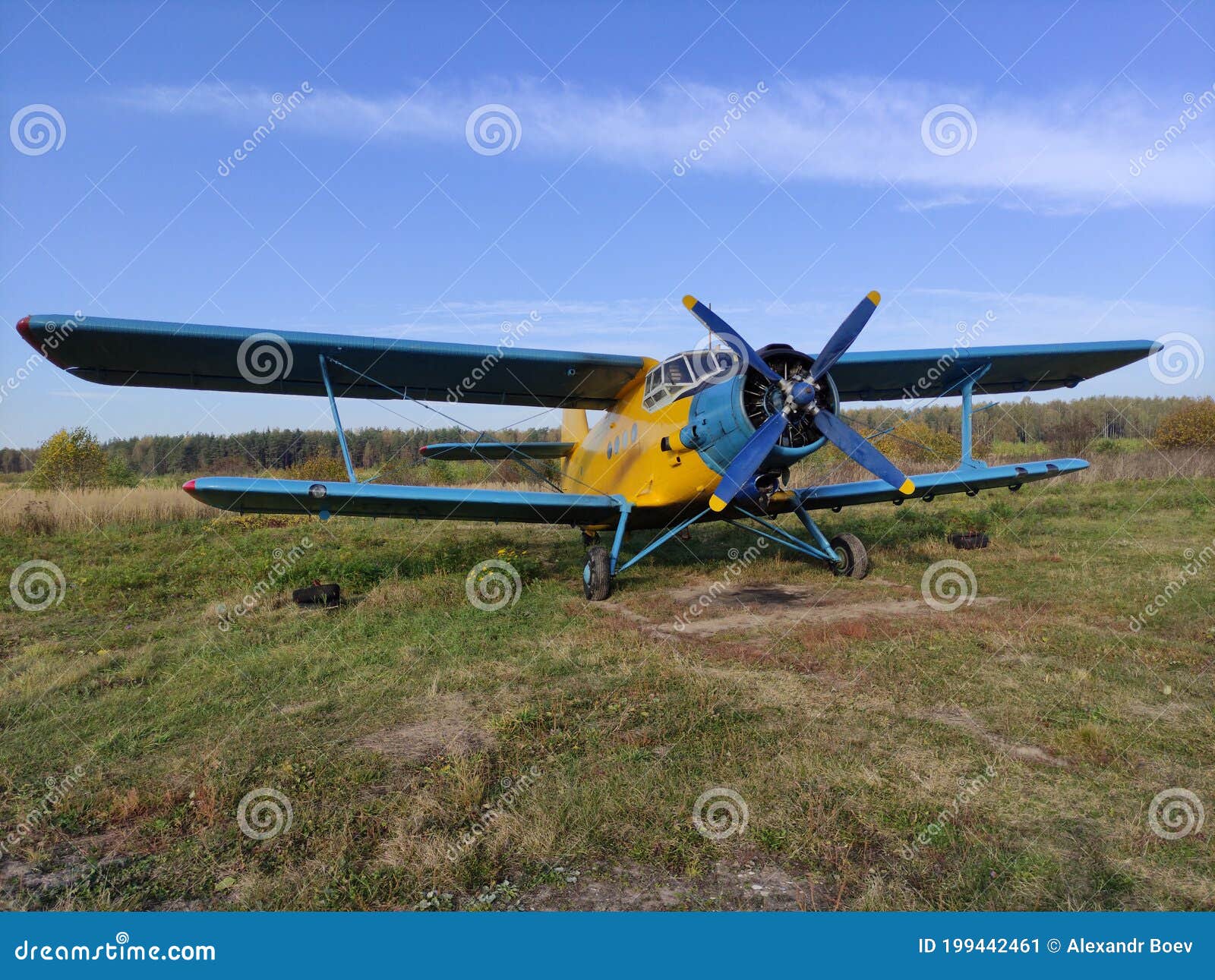 Yellow and Blue Old Biplane Plane with a Single Piston Engine and ...