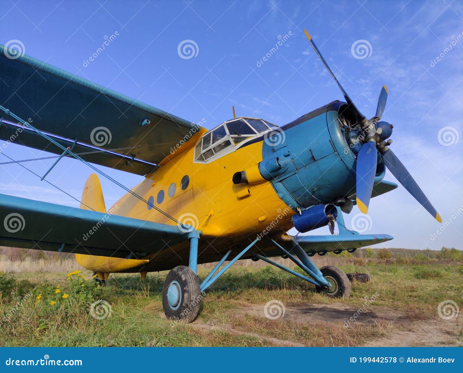 Yellow and Blue Old Biplane Plane with a Single Piston Engine and ...