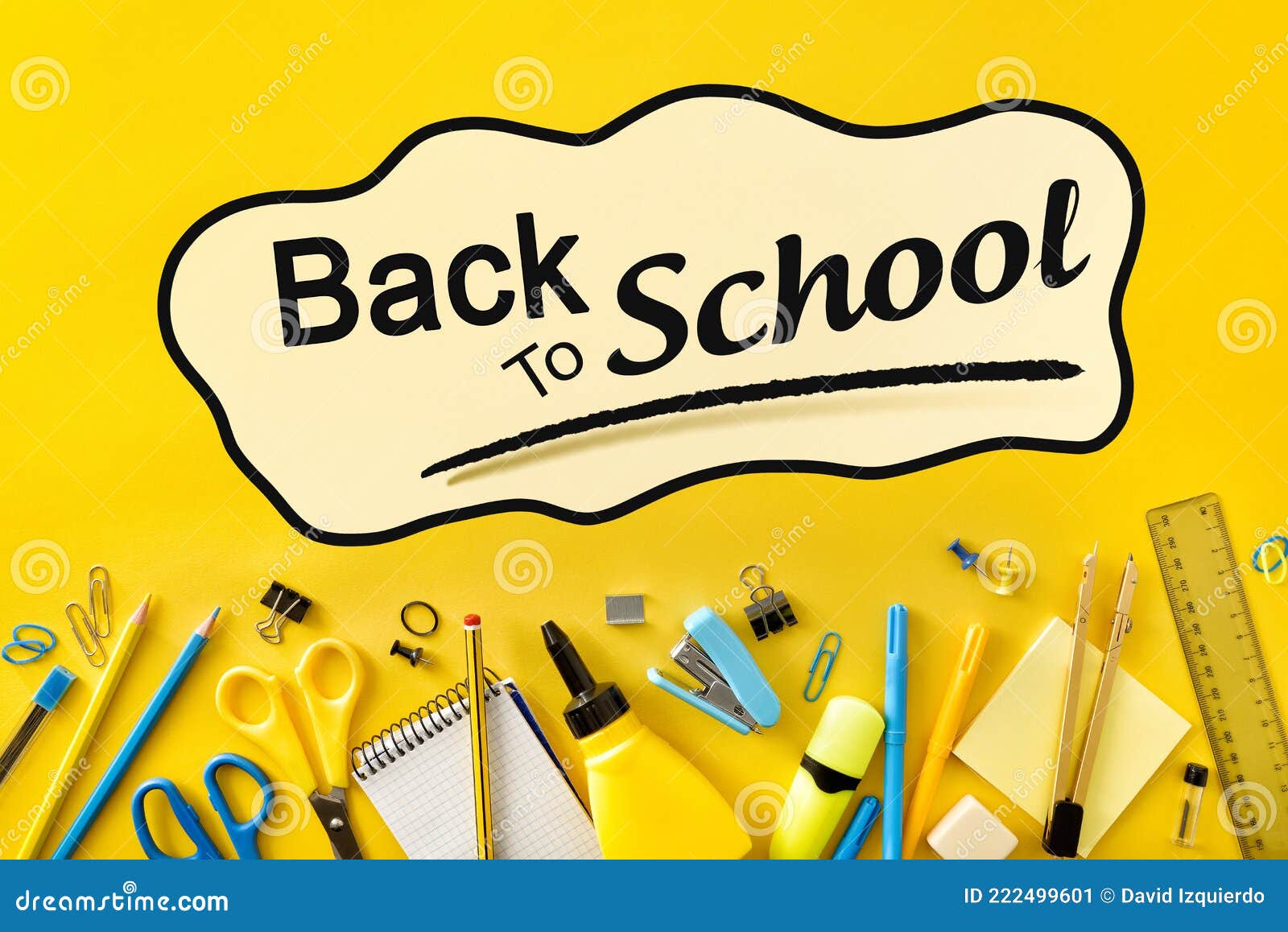Yellow and Blue School Supplies and Message Back To School Stock Image ...