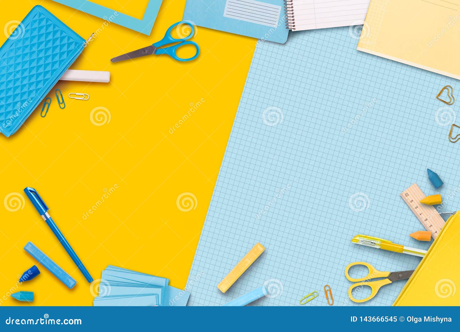 Yellow and Blue Stationery Items Around of Image. Stock Image - Image ...