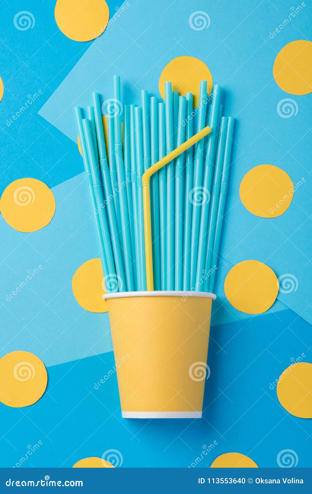 Yellow and Blue Straws for a Party in Paper Cups on a Bright Background ...