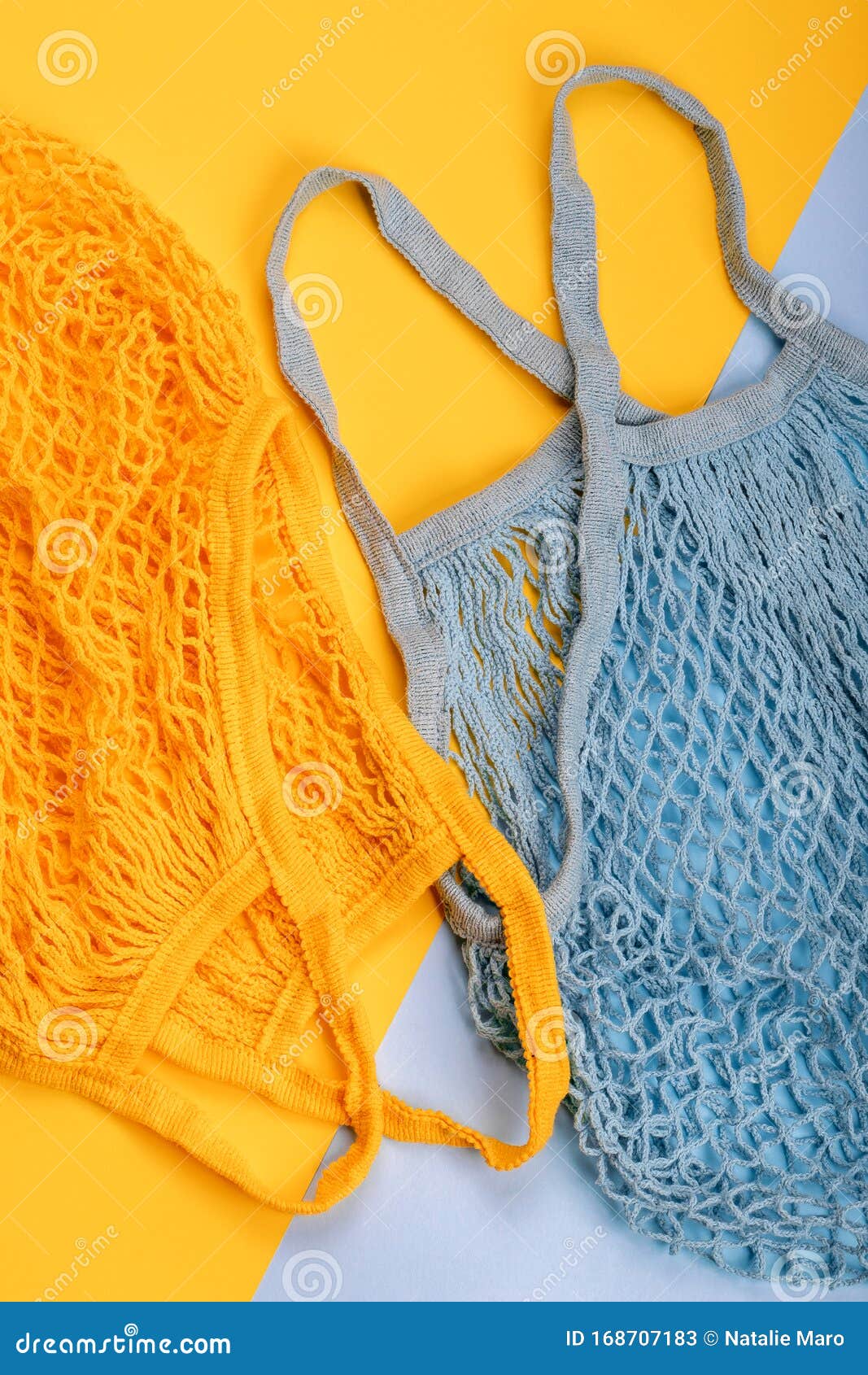 Yellow and Blue String Reusable Bags Stock Image - Image of blue ...