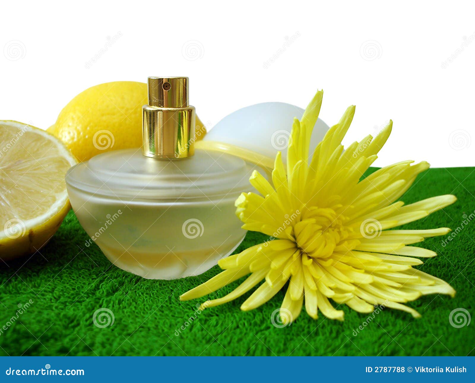 A Bottle Of Perfume From A Yellow Box On A White Isolated Background ...