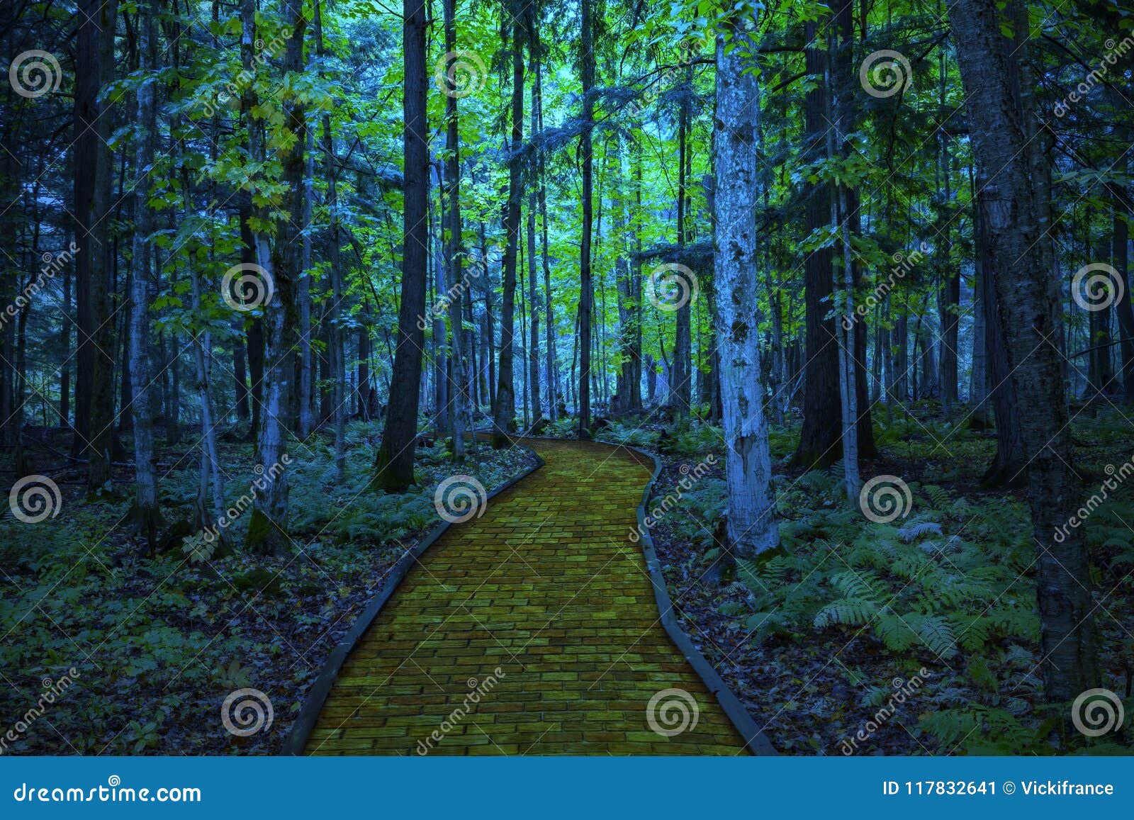 Yellow Brick Road Leading Through A Spooky Dark Forest Royalty-Free ...