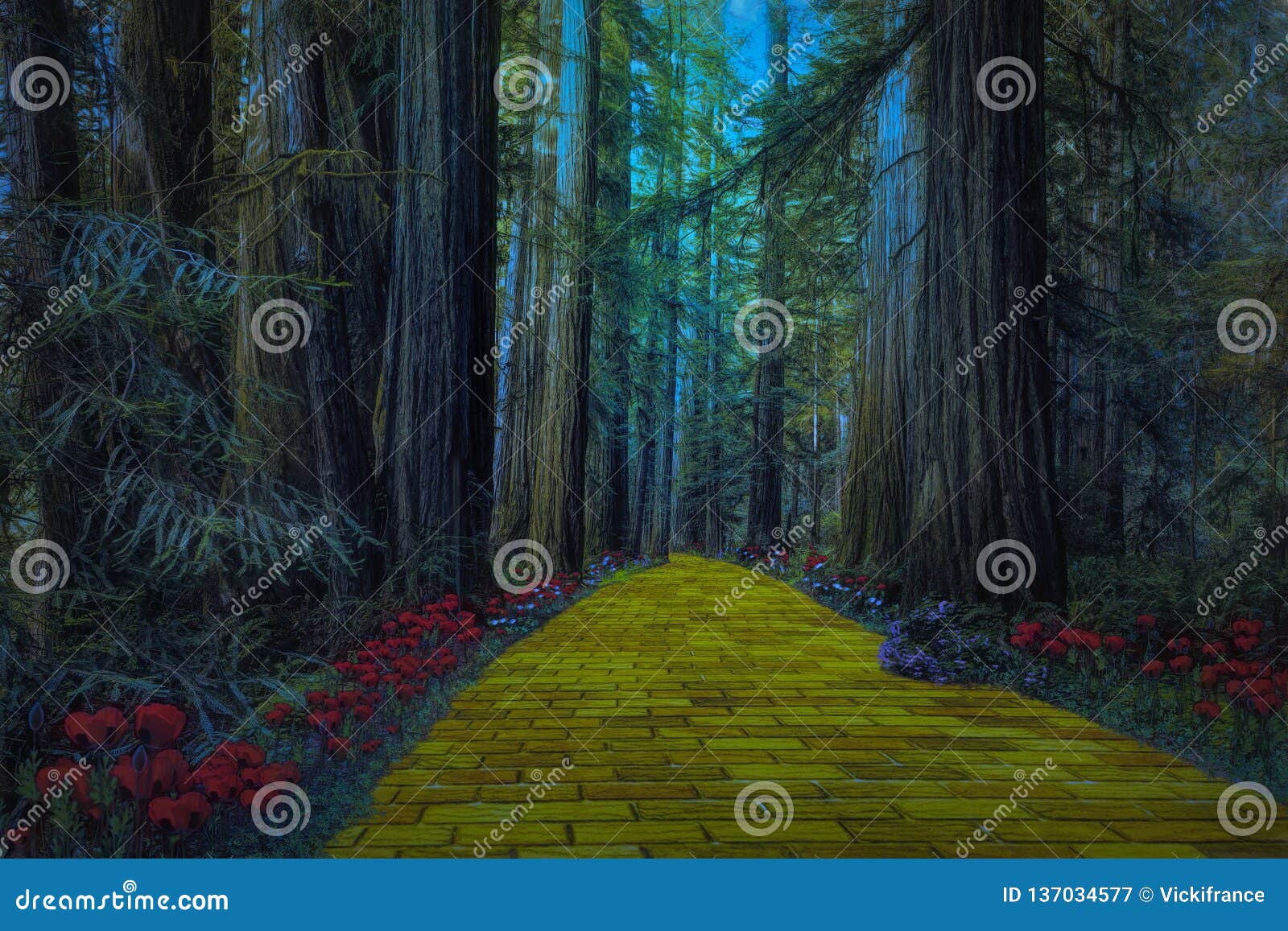 Yellow Brick Road Leading through a Spooky Dark Forest Stock ...