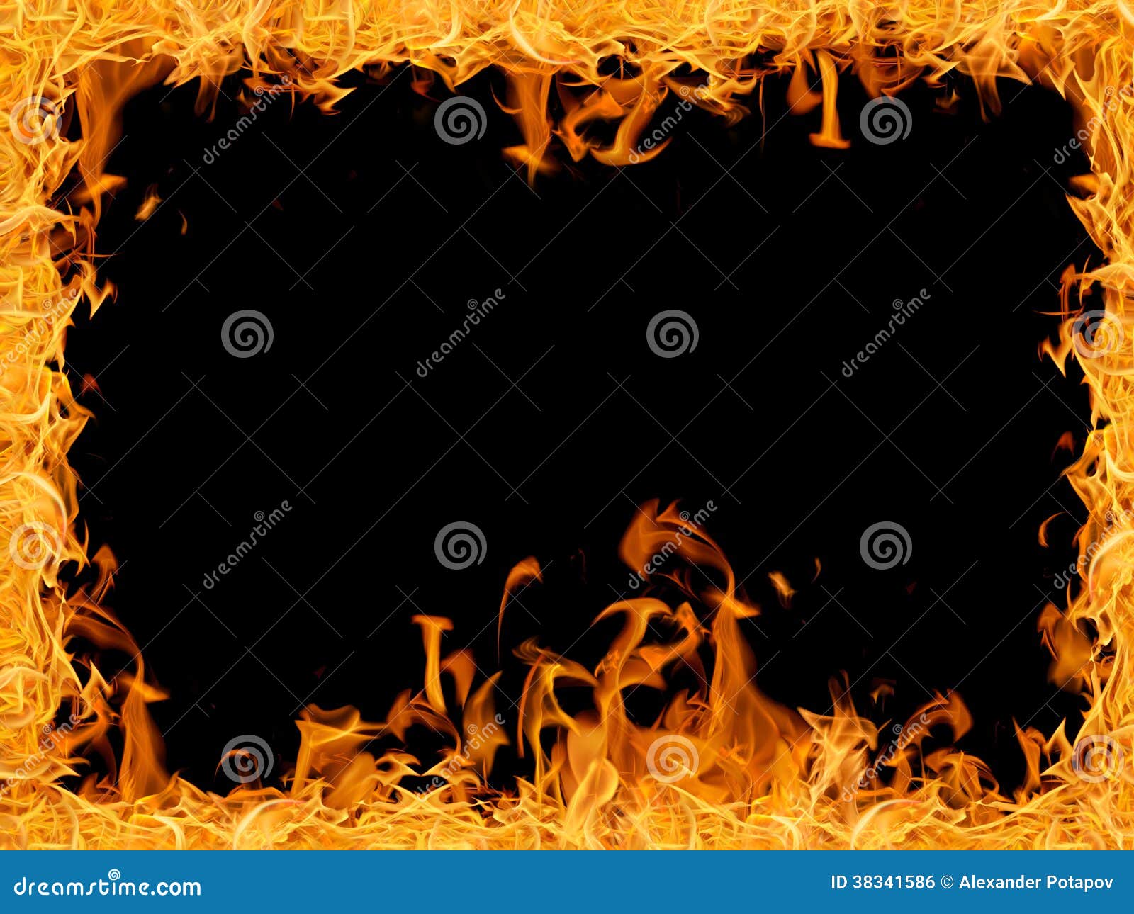 Yellow Bright Large Fire Frame Isolated on Black Stock Photo - Image of ...