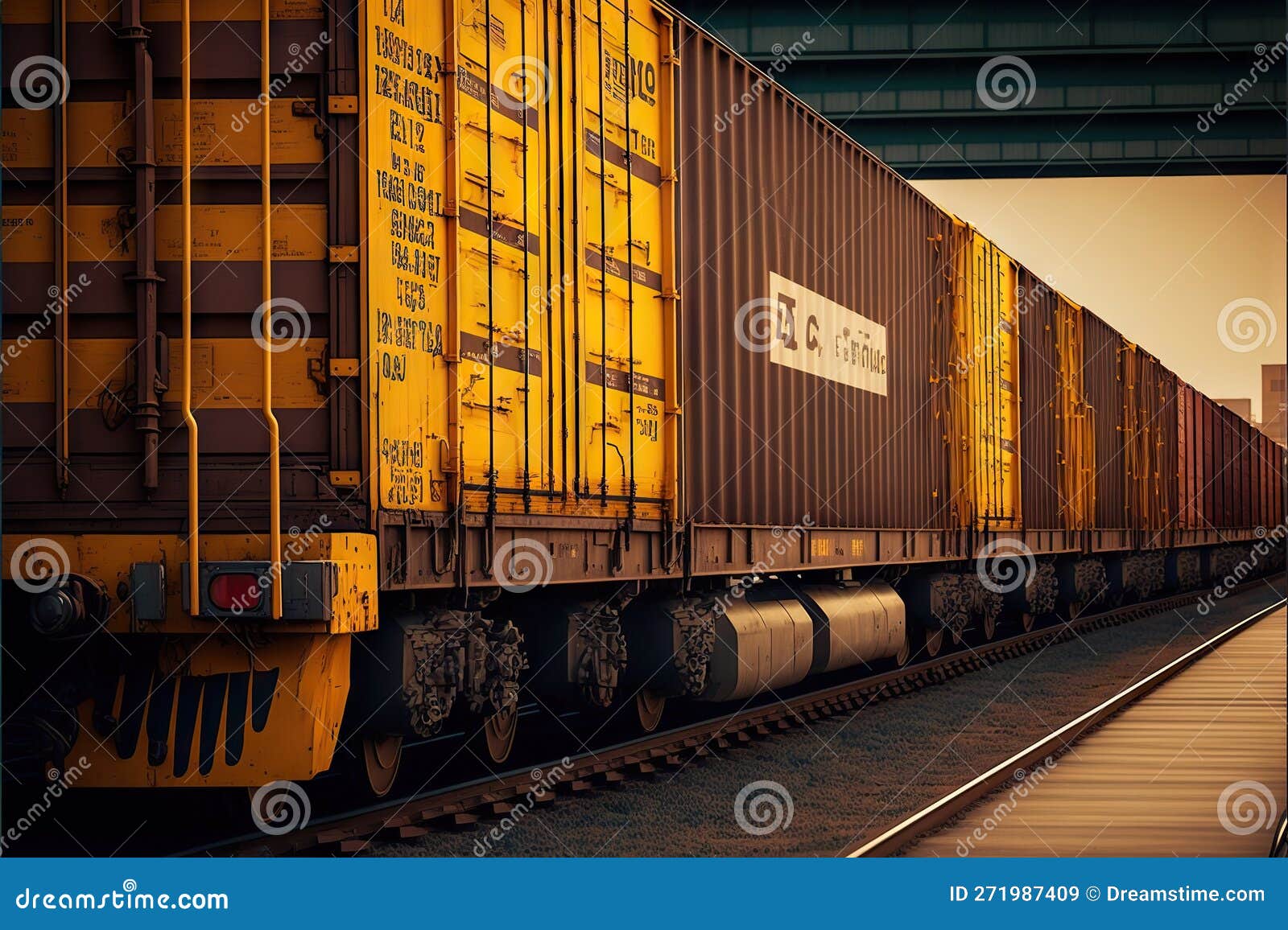 Yellow Brown Containers Loaded on Long Cargo Train Platforms Stock ...