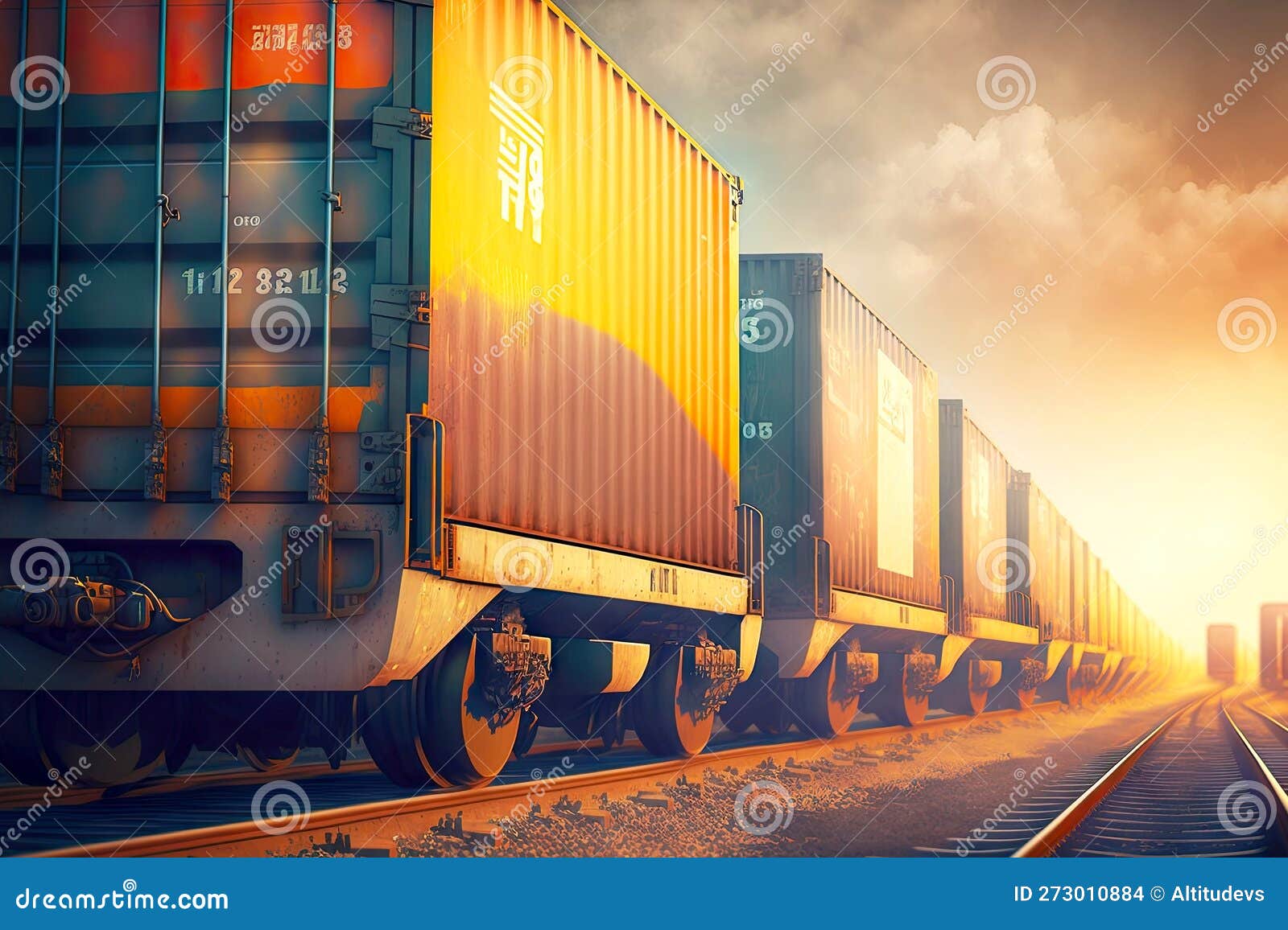 Yellow Brown Containers Loaded on Long Cargo Train Platforms Stock ...