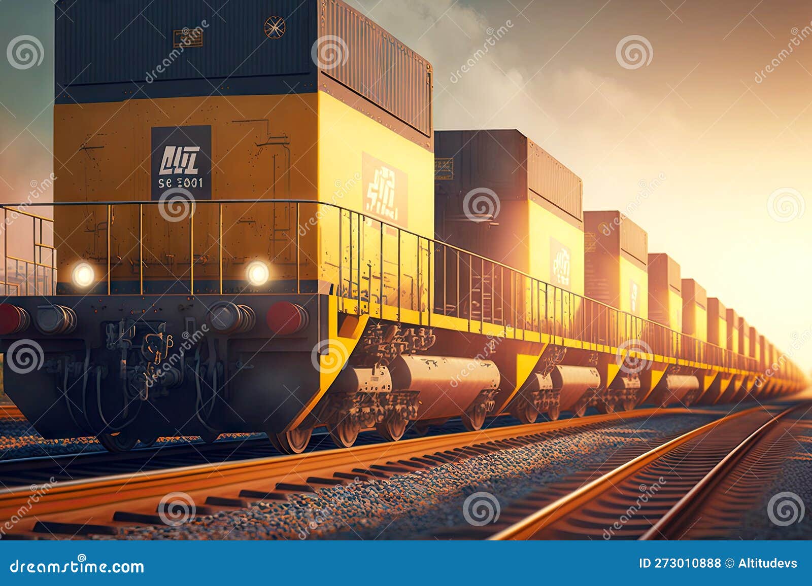 Yellow Brown Containers Loaded on Long Cargo Train Platforms Stock ...