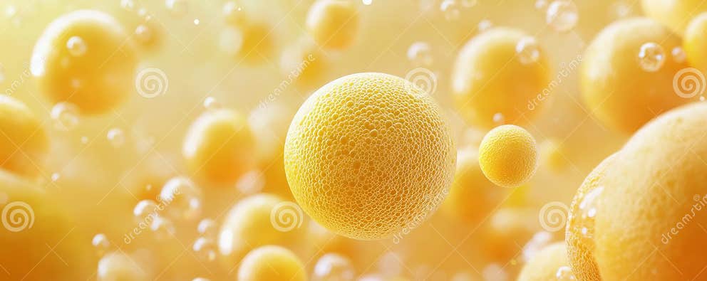 Yellow Bubbles with Textured Surfaces Floating in Liquid, Abstract ...