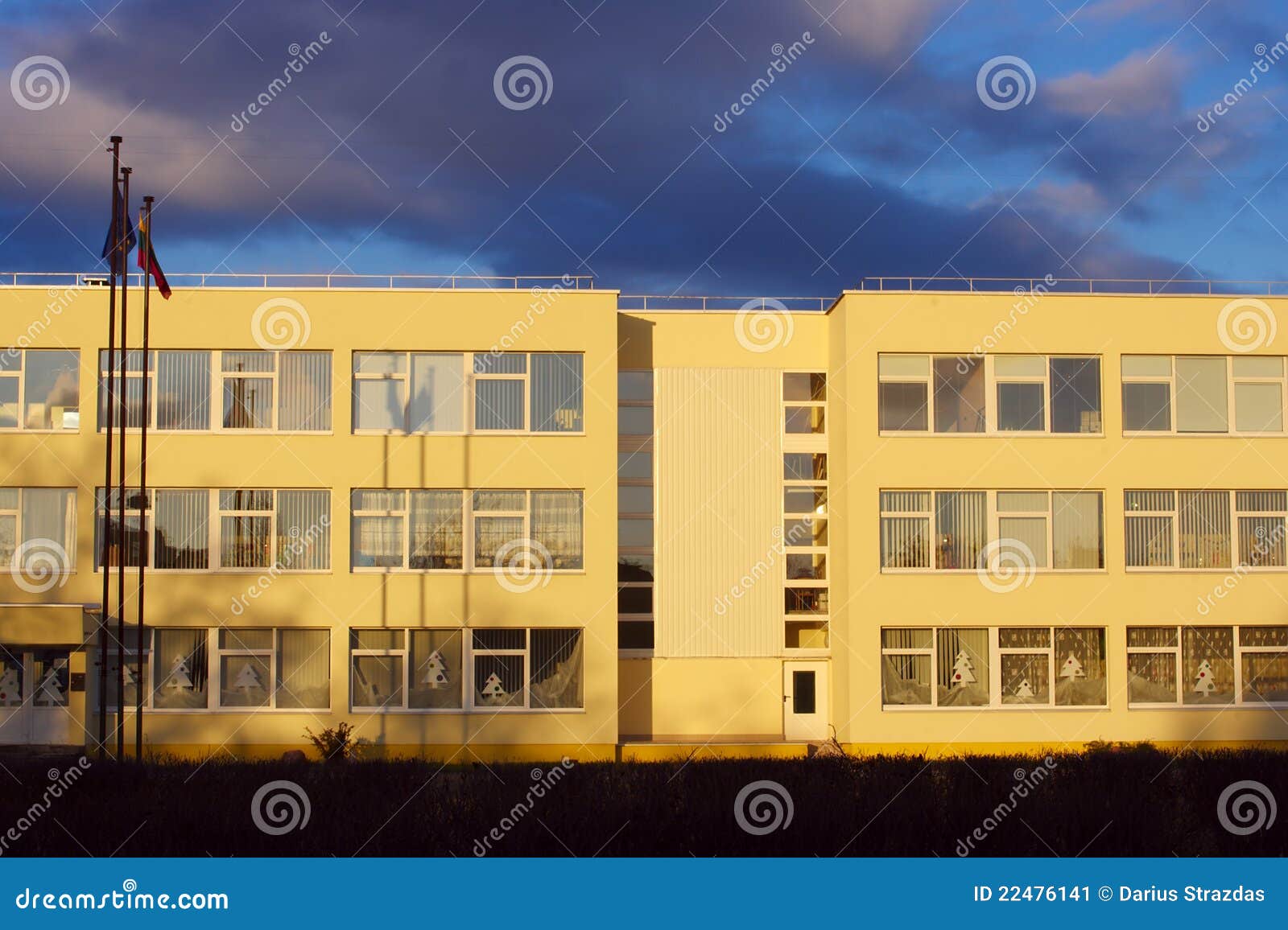 Yellow Building School and Blue Sky Stock Image - Image of corporate ...