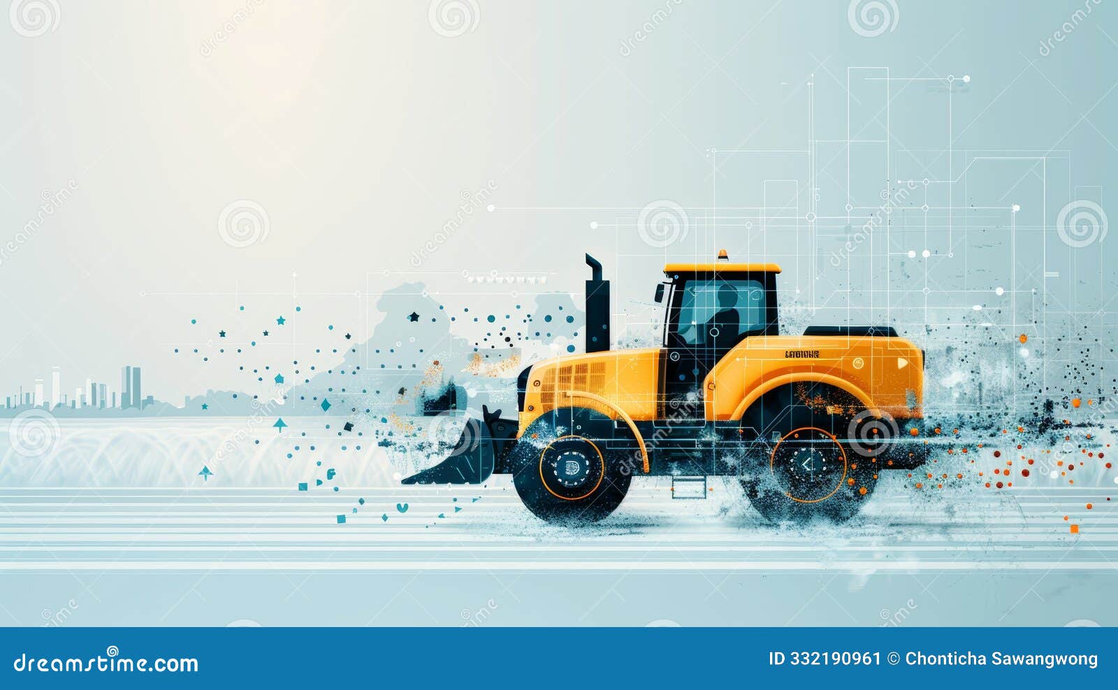 A Yellow Bulldozer on a Blue Background with Digital Data Points Around ...