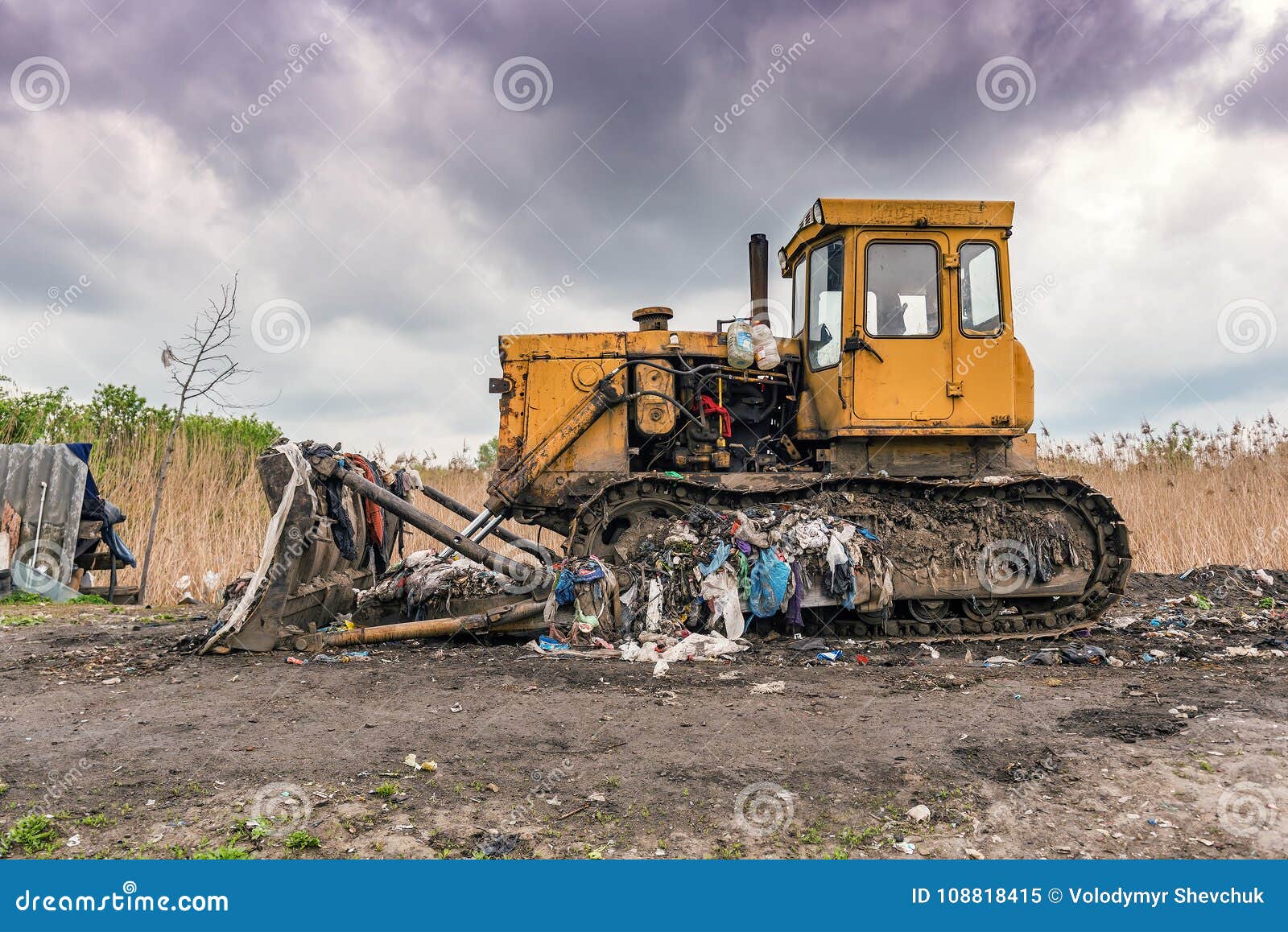 Yellow Bulldozer on the Dump Stock Image - Image of environmental ...
