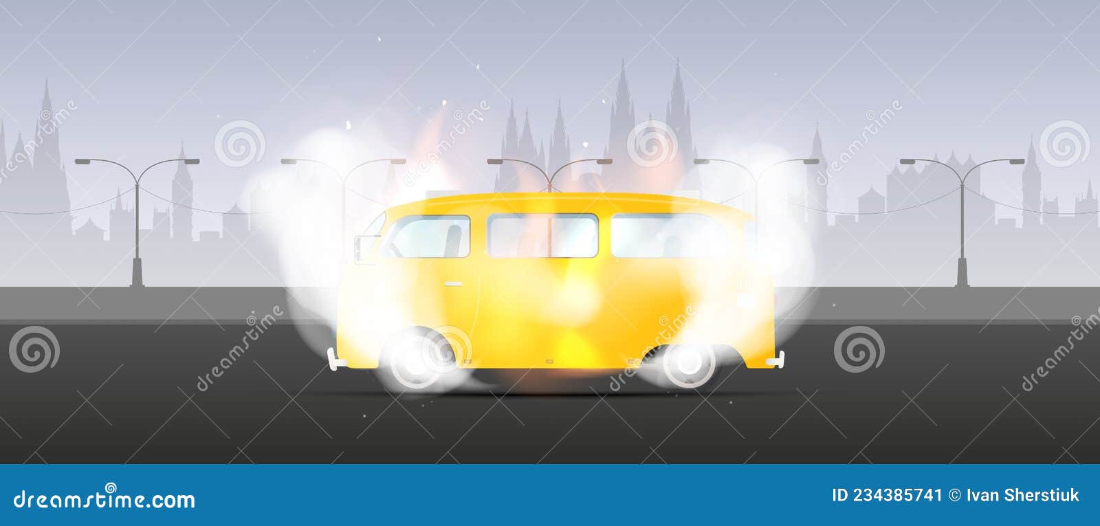 Yellow Bus in Flames and Smoke. the Bus is on Fire. Vector Illustration ...