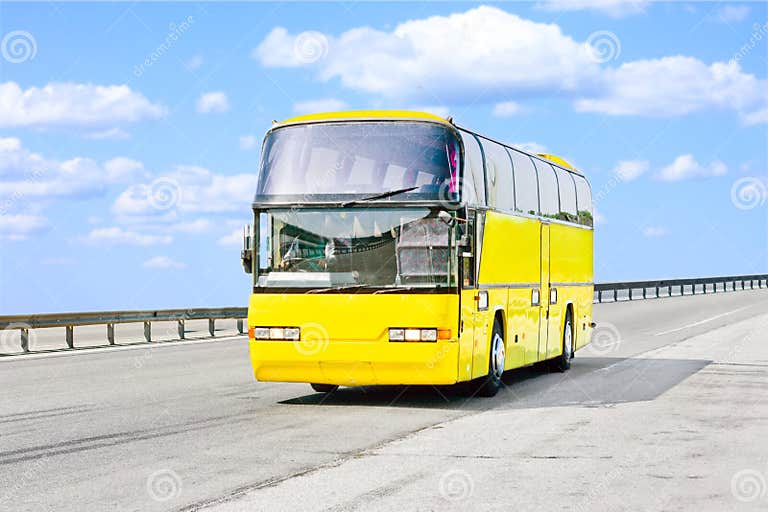 Yellow bus on road stock image. Image of back, green, journey - 5465209