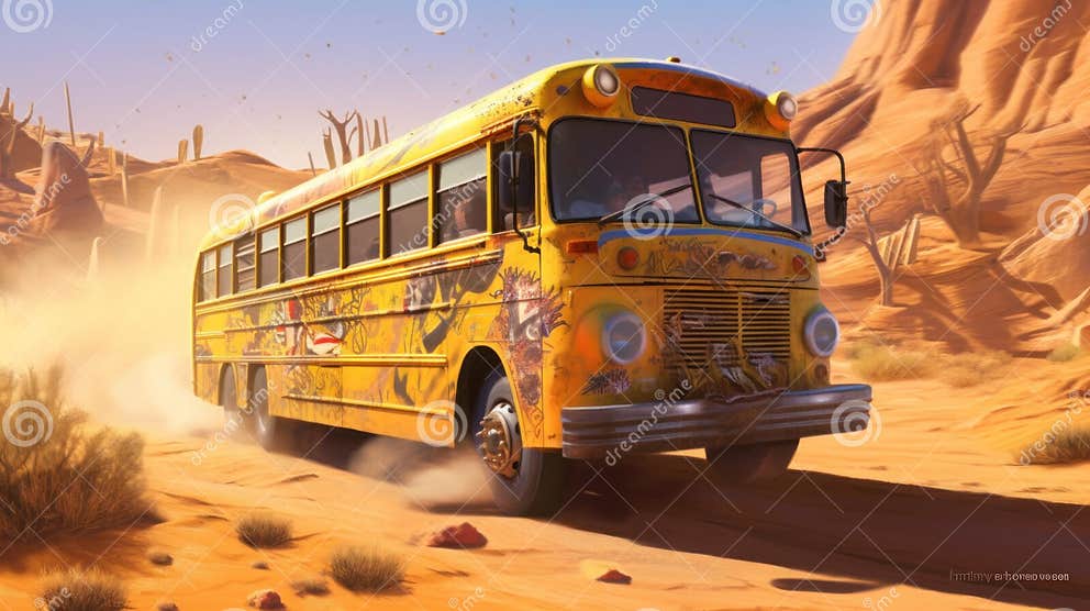 A Yellow Bus Speeding through the Desert, Its Engine Roaring. Created ...