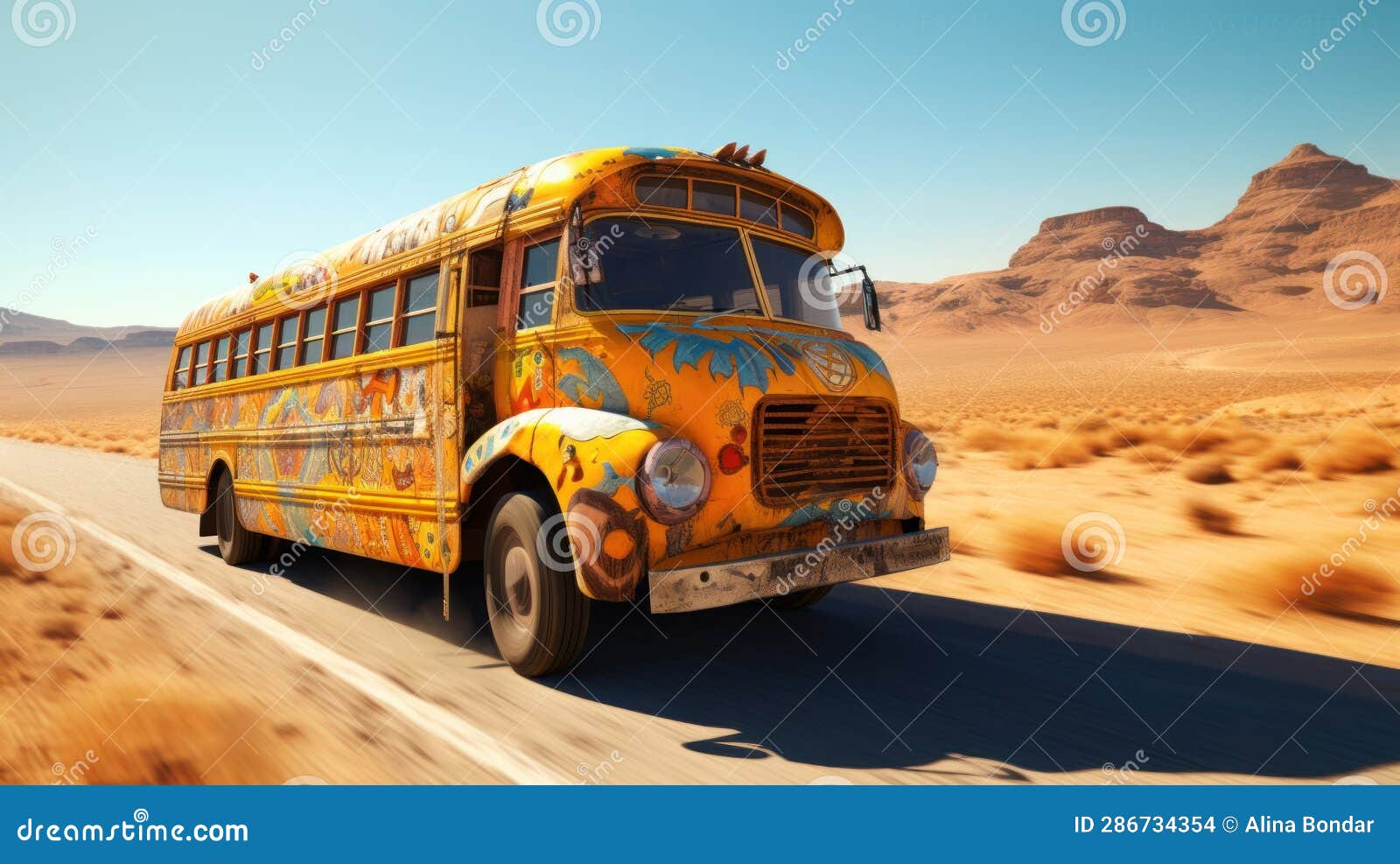A Yellow Bus Speeding through the Desert, Its Engine Roaring. Created ...