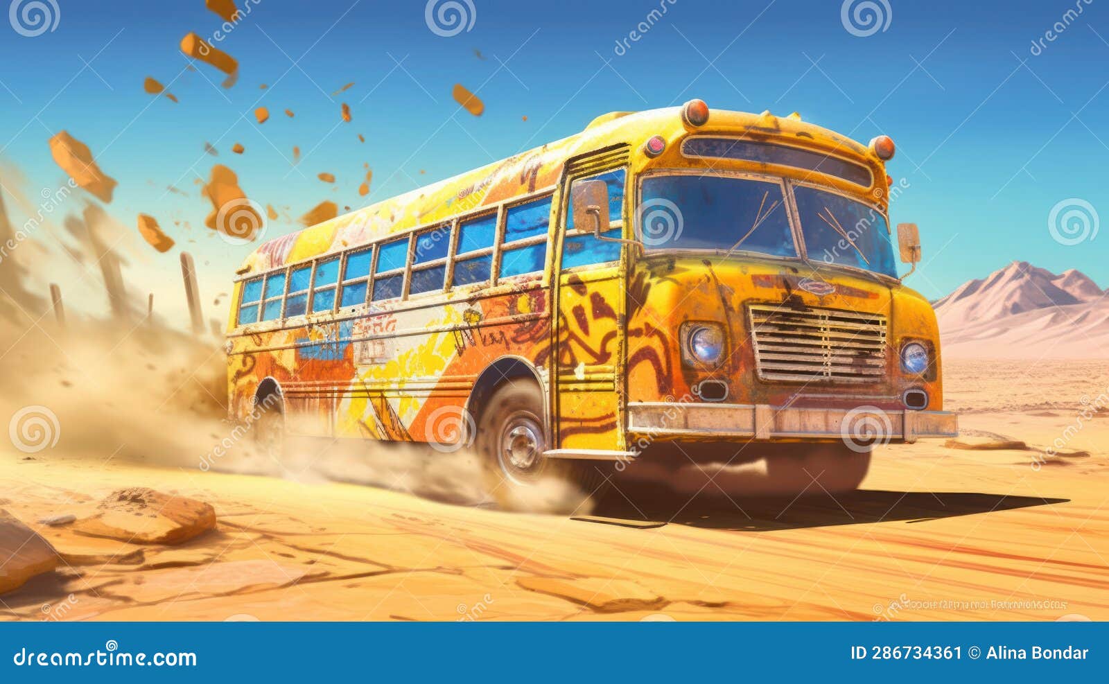 A Yellow Bus Speeding through the Desert, Its Engine Roaring. Created ...