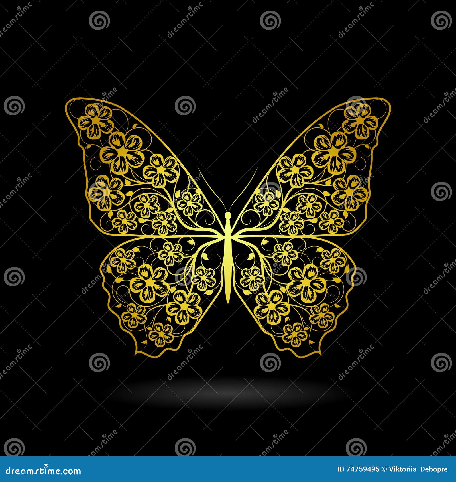 Yellow Butterfly with Floral Pattern. Stock Vector - Illustration of ...