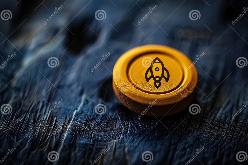 A Yellow Button with a Rocket on it Sits on a Dark Surface. Stock Photo ...