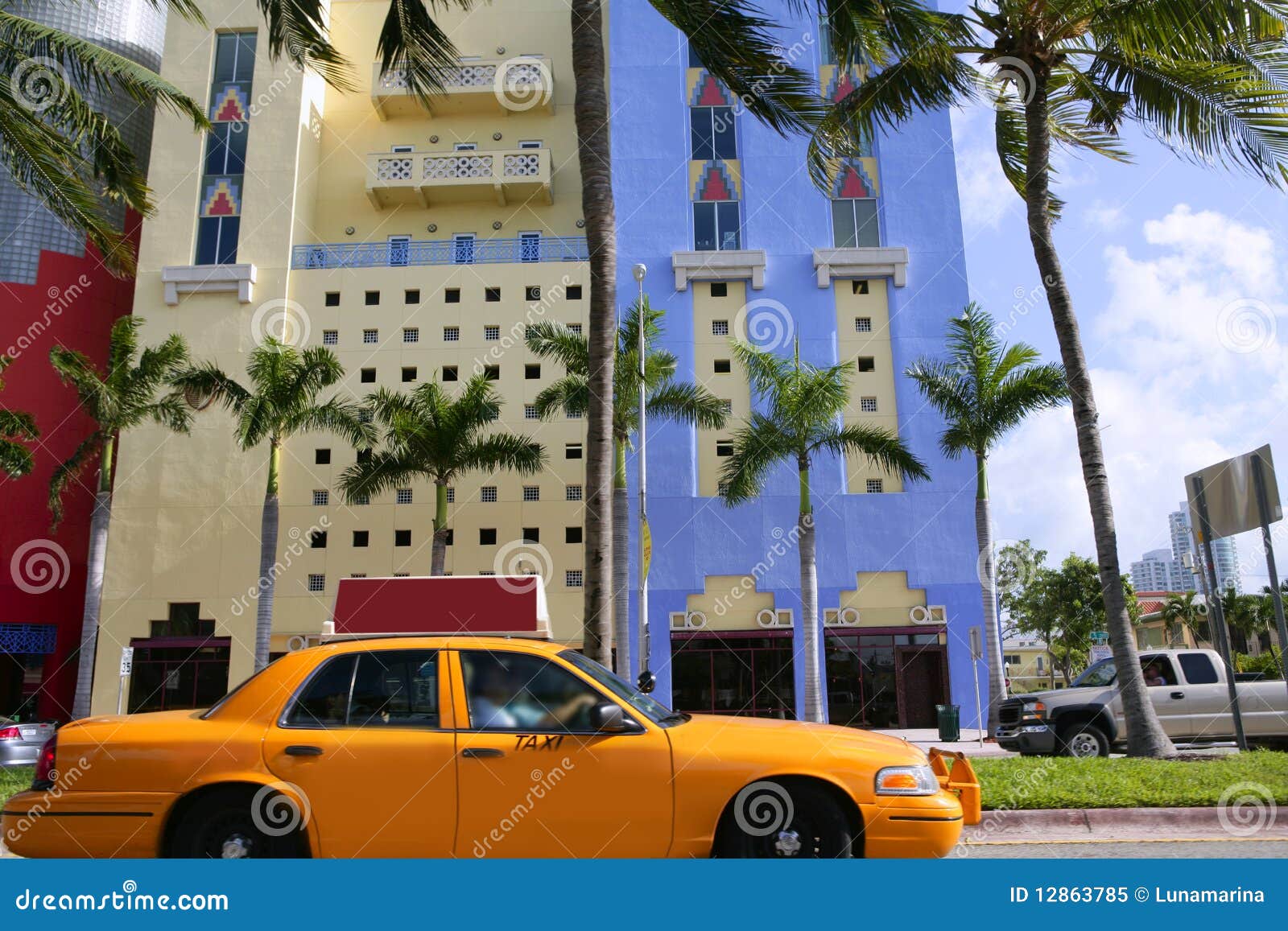 Yellow Cab with Miami Beach Florida Stock Image - Image of skyscraper ...
